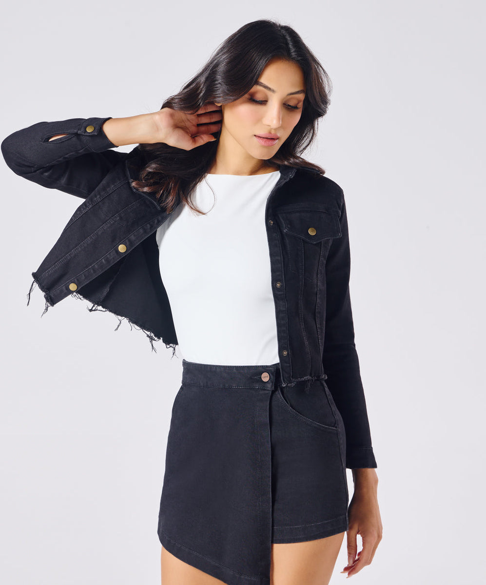 Hem Frayed Black Denim Jacket – GLOBAL ZIGZAG