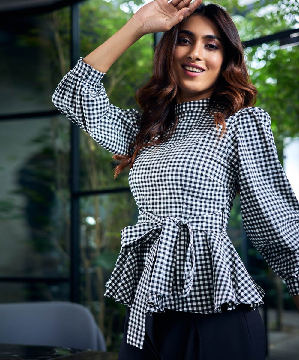 Gingham Waist Tie Peplum Top – GLOBAL ZIGZAG