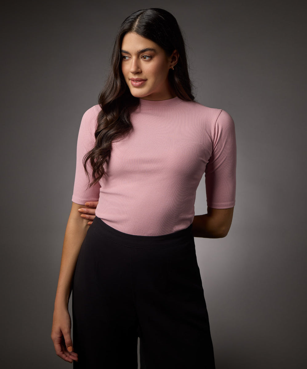 Short Sleeve High Neck Rib Top- Salmon Pink – GLOBAL ZIGZAG