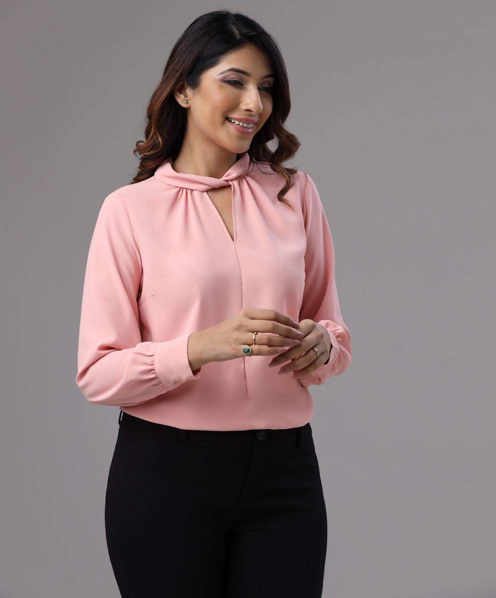 Neck Twisted Long Sleeve Pink Top – GLOBAL ZIGZAG