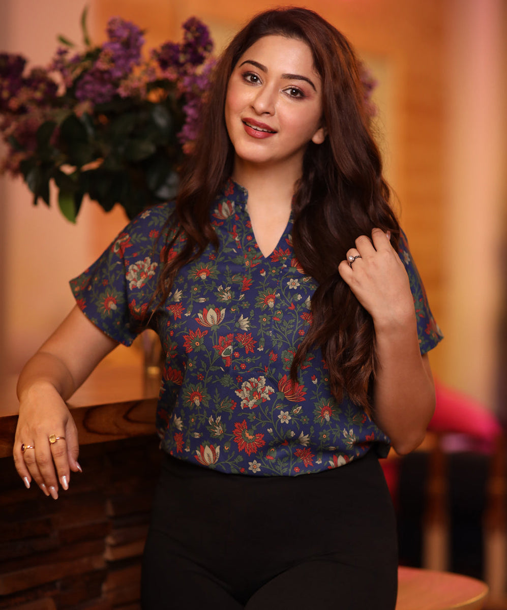 Front Open Mandarin Collar Navy Top – GLOBAL ZIGZAG